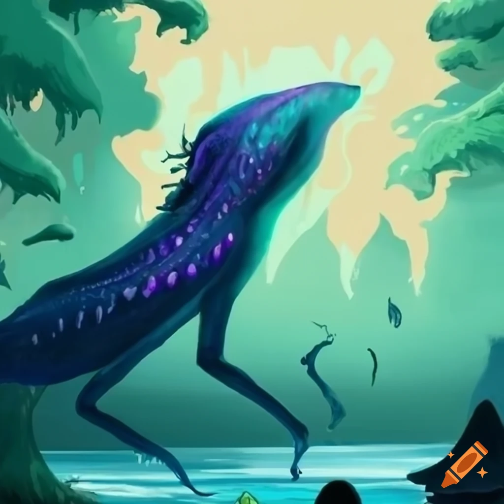 Ethereal creature following people in a fantasy artwork on Craiyon