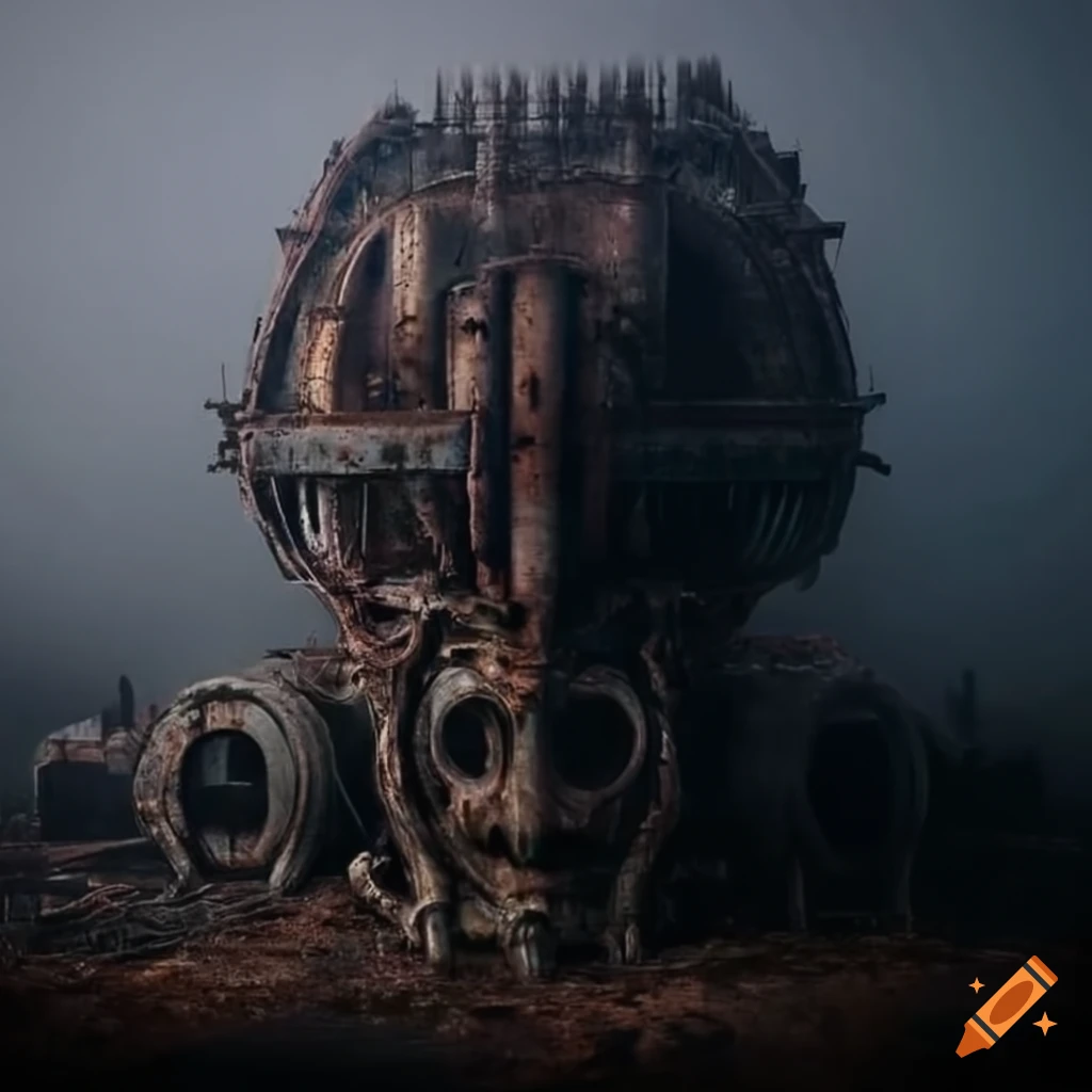 Vintage space ship in the rusty ruins of an abandoned earth on Craiyon