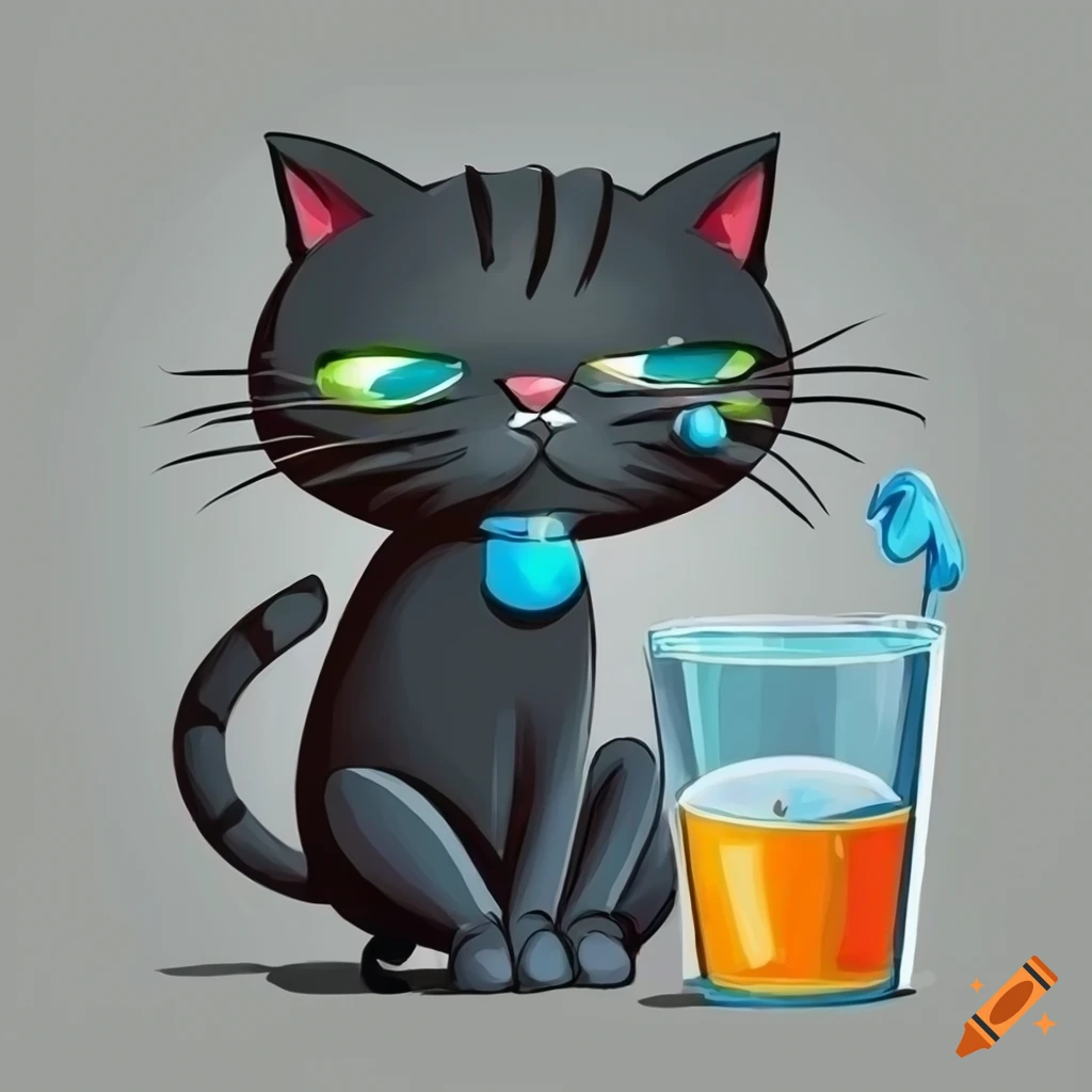 Cartoon art of a black cat drinking on Craiyon