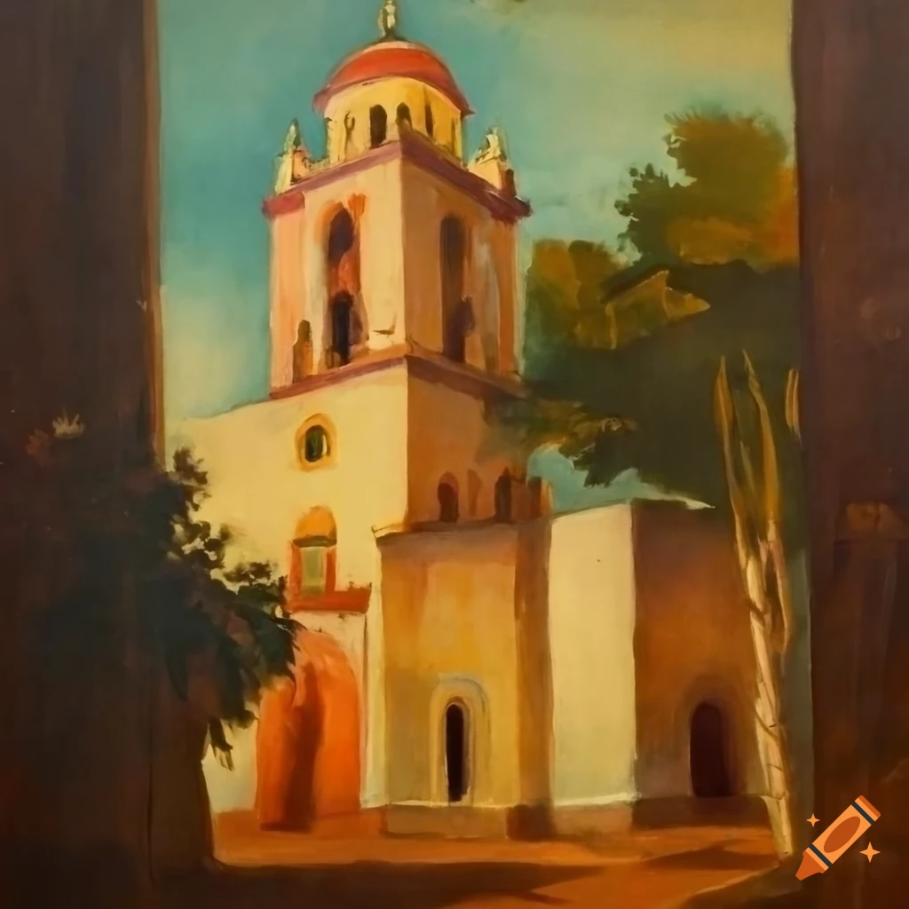 Painting of a mexican church tower from the 19th century on Craiyon
