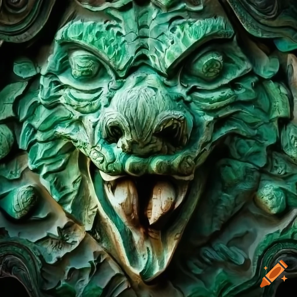 Impressive architectural carving of a werewolf in emerald green on Craiyon