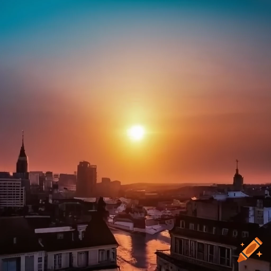 Sunset over city skyline