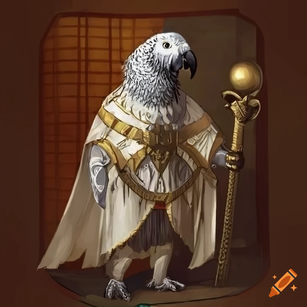 Illustration of an anthropomorphic parrot in cleric attire on Craiyon
