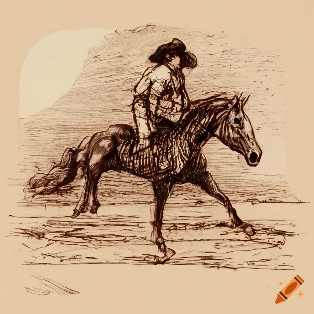 Rembrandt biro pen drawing of a horse galloping on the beach on Craiyon