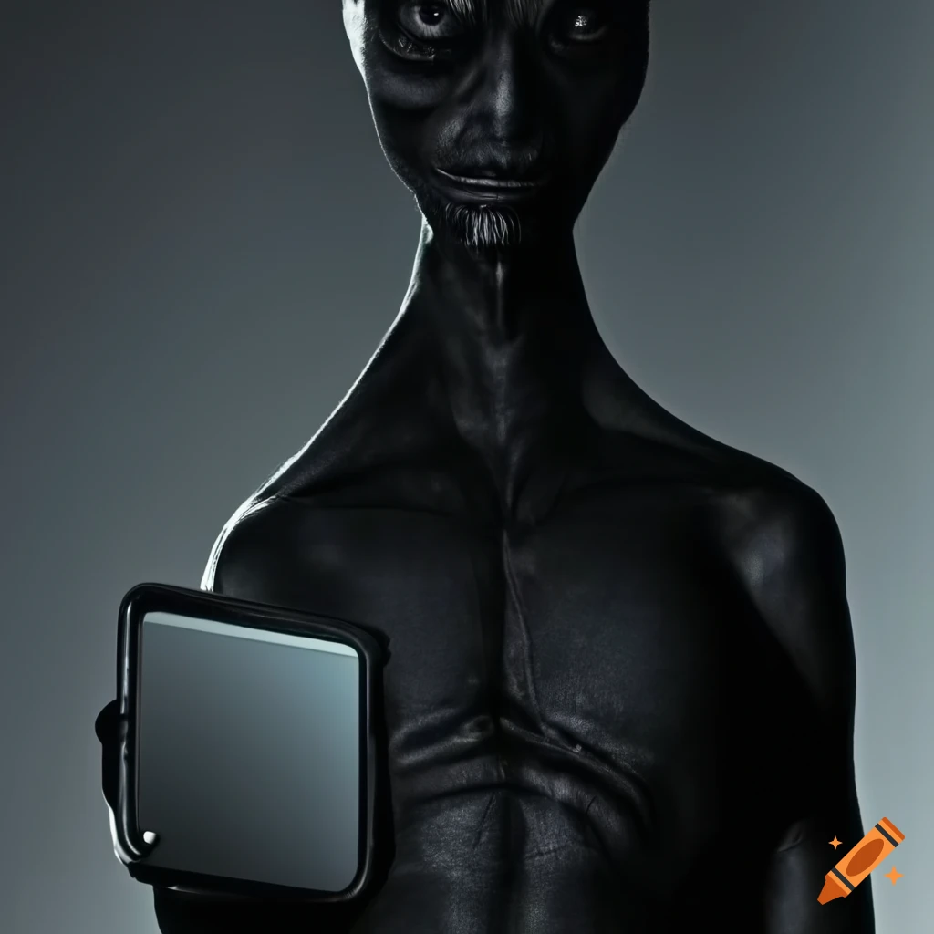 Concept art of a tall black alien in a white room on Craiyon