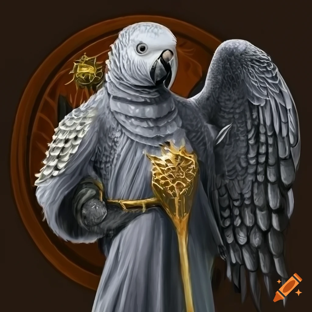 Detailed artwork of an anthropomorphic african grey parrot in armor and ...