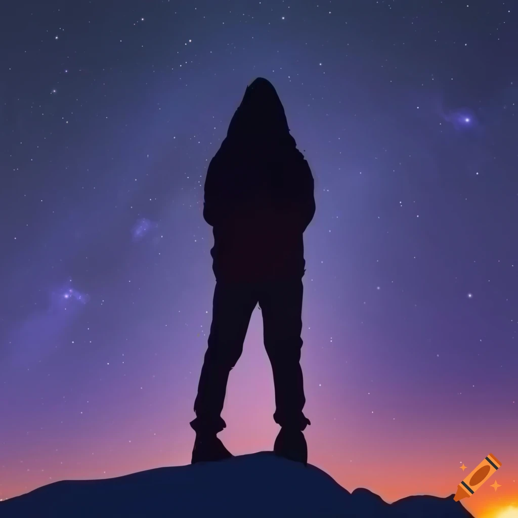 Silhouette of a man on a snowy mountain under a starry sky on Craiyon