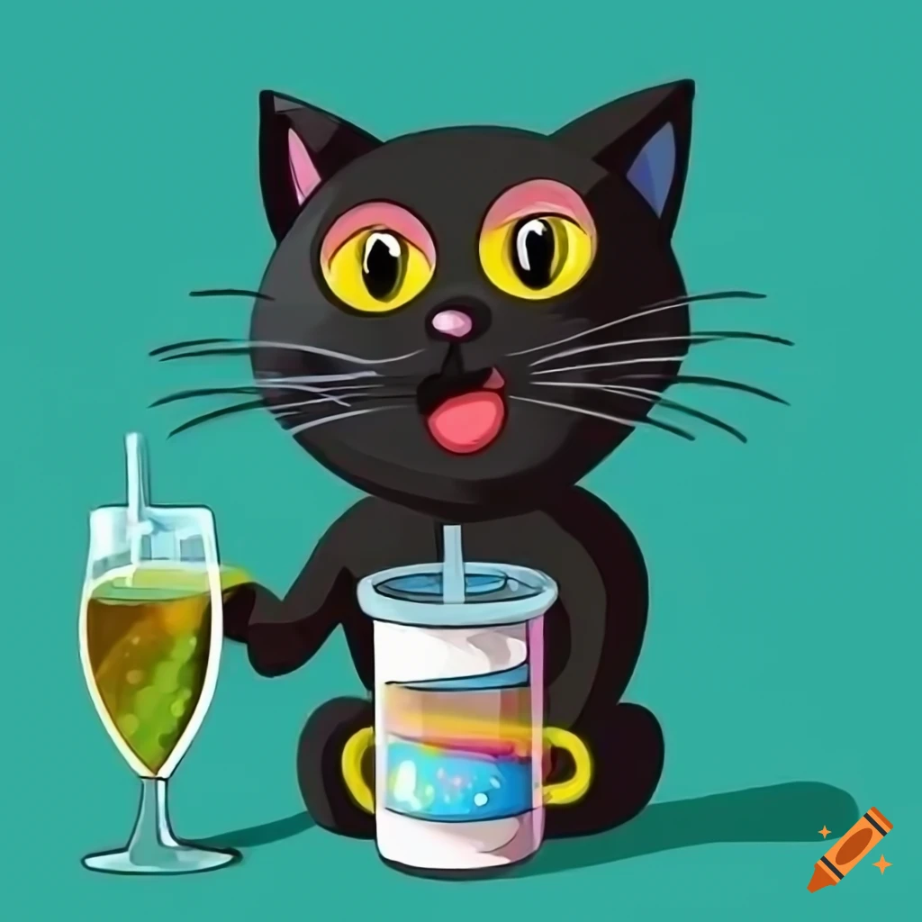 Cartoon art of a black cat enjoying a drink on Craiyon