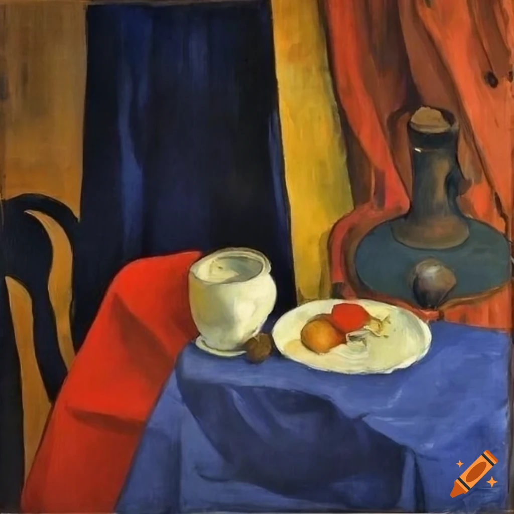Still life oil painting with fruits and table setting on Craiyon