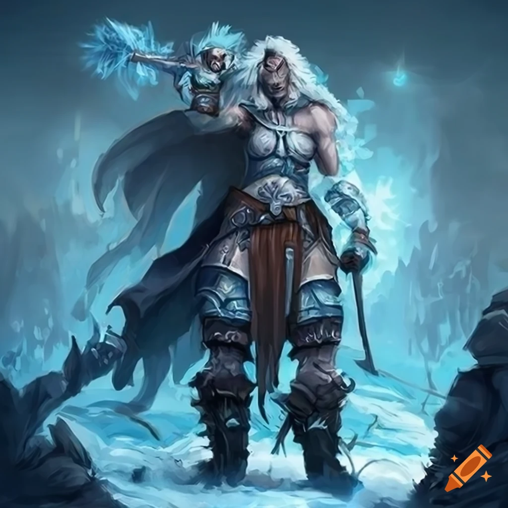 Elven wizard and human barbarian facing a snowy specter in a mountain ...