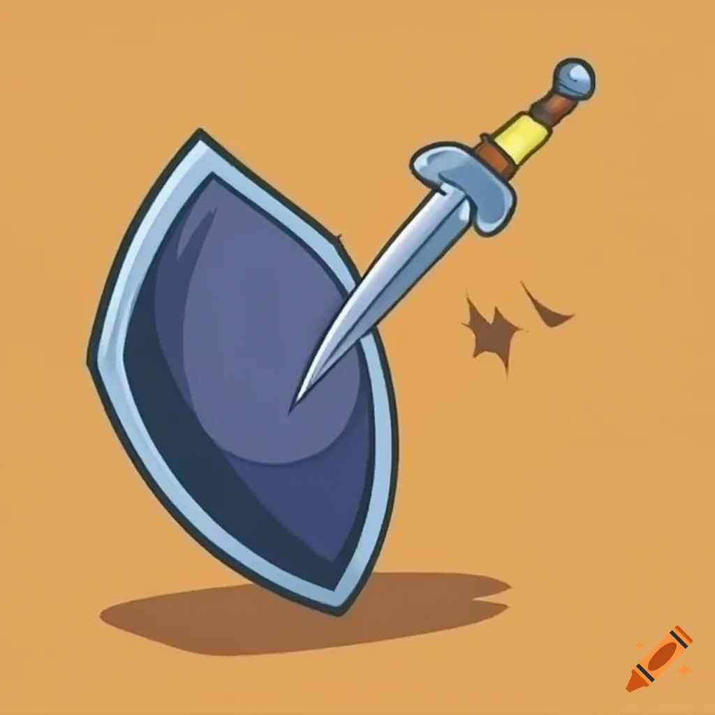 Cartoon illustration of a shield blocking a sword on Craiyon