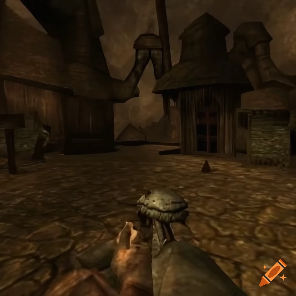 Screenshot of a gloomy 3d first person shooter game on Craiyon