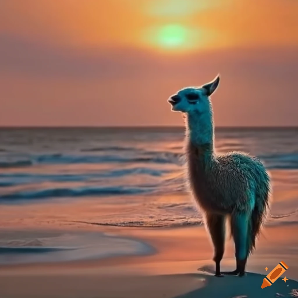 Realistic llama looking at a sunset on the beach on Craiyon