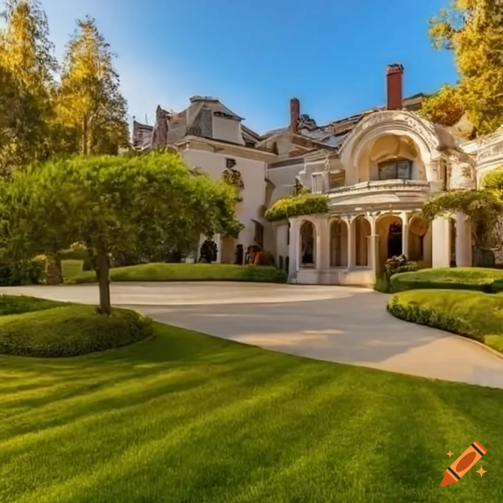 Gorgeous mansion with grand entrance and beautiful garden on Craiyon