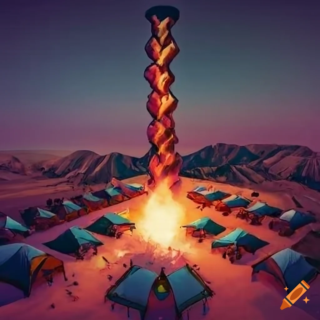 Aerial view of the israelite camp with tabernacles and pillar of fire