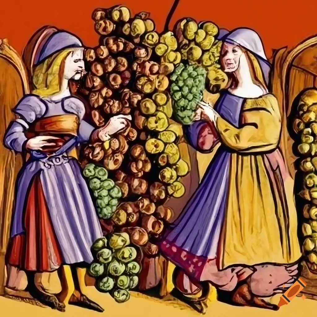 Medieval-style illustration of grape harvest in the middle ages on Craiyon