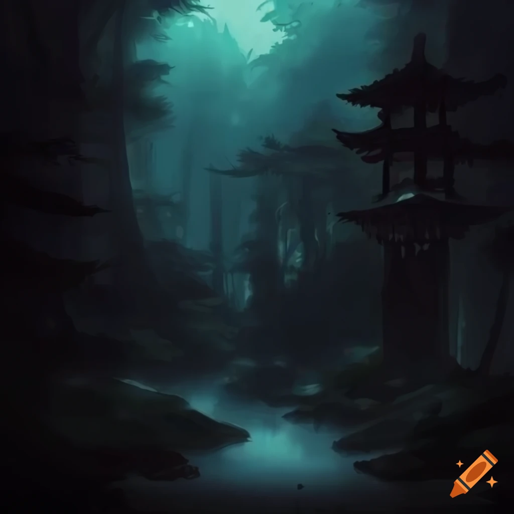Dark fantasy forest in japanese art style