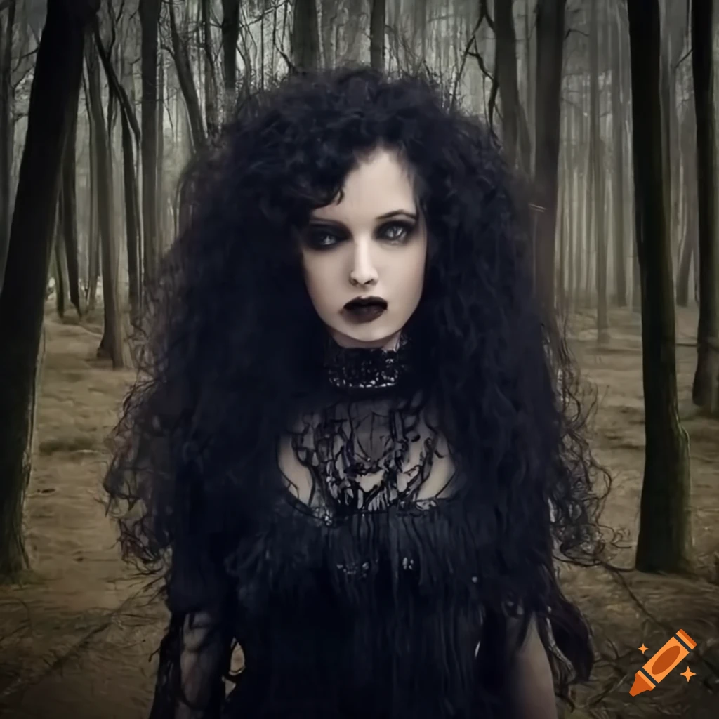 Woman with long black hair in a gothic dress against a church ...