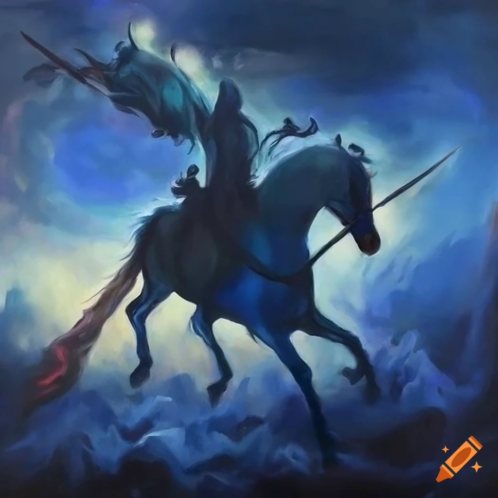 Oil painting of a ghost soldier on a ghost horse surrounded by magic