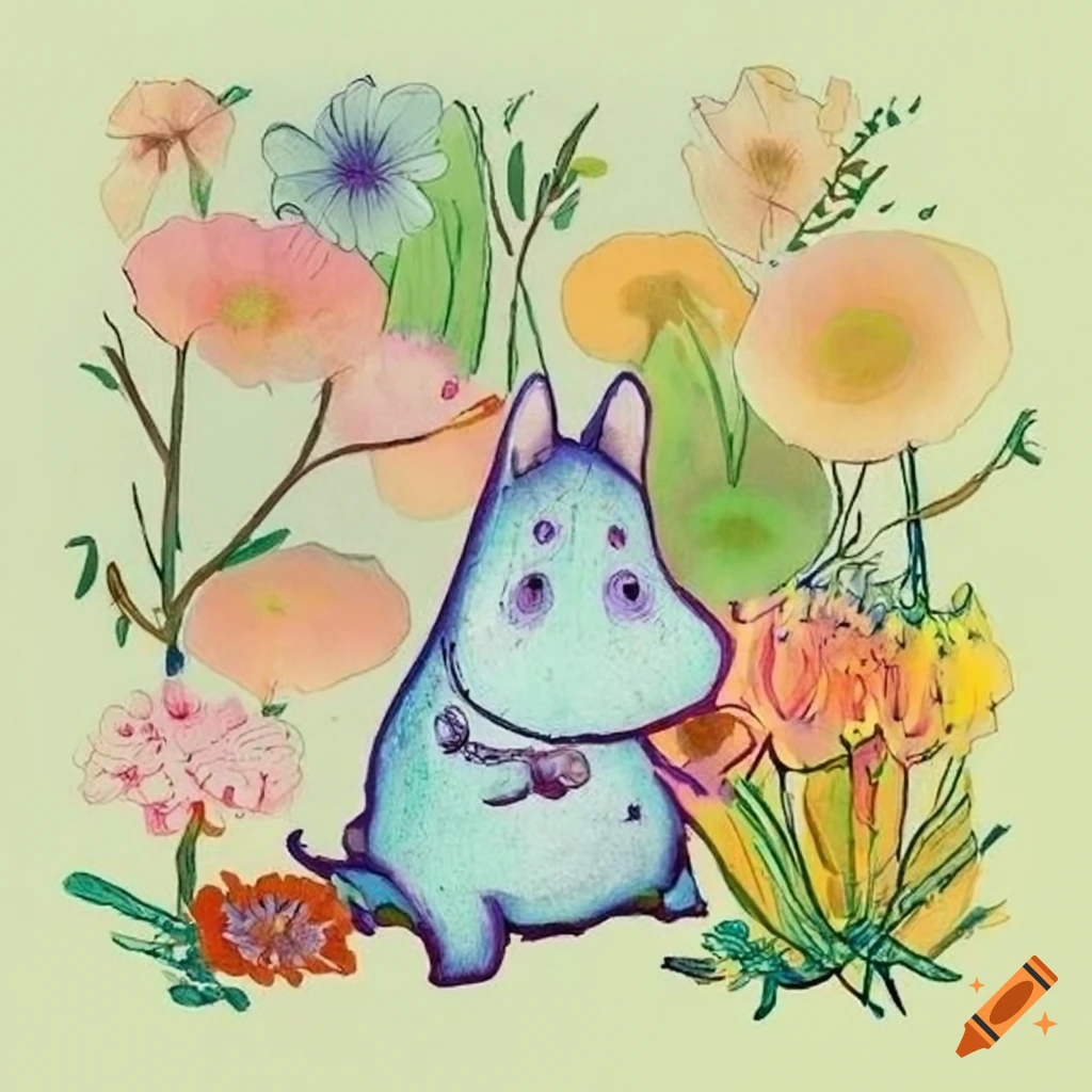 Colorful illustration of moomins surrounded by flowers
