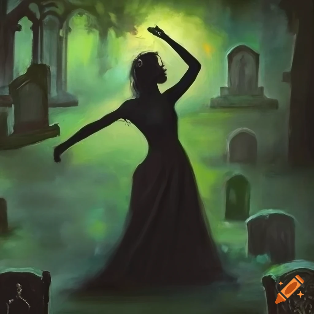 Fantasy oil painting of a lady dancing in a graveyard on Craiyon