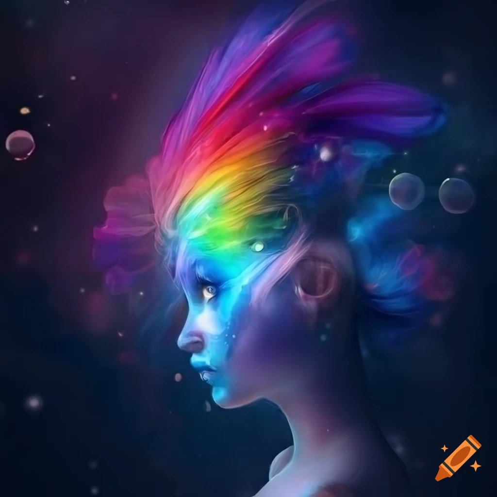 Sunset fantasy art with a silver-skinned girl and rainbow feathered ...