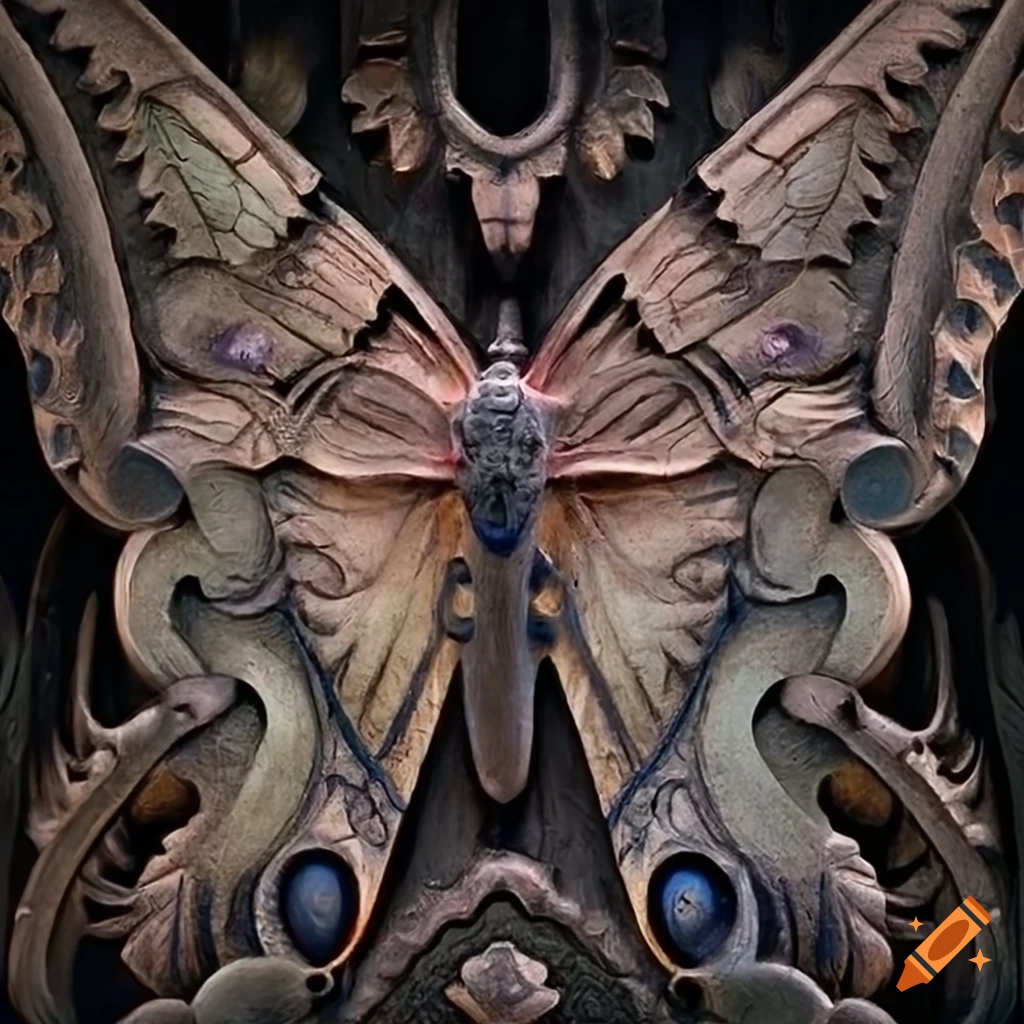 Detailed artwork of a moth werewolf carving