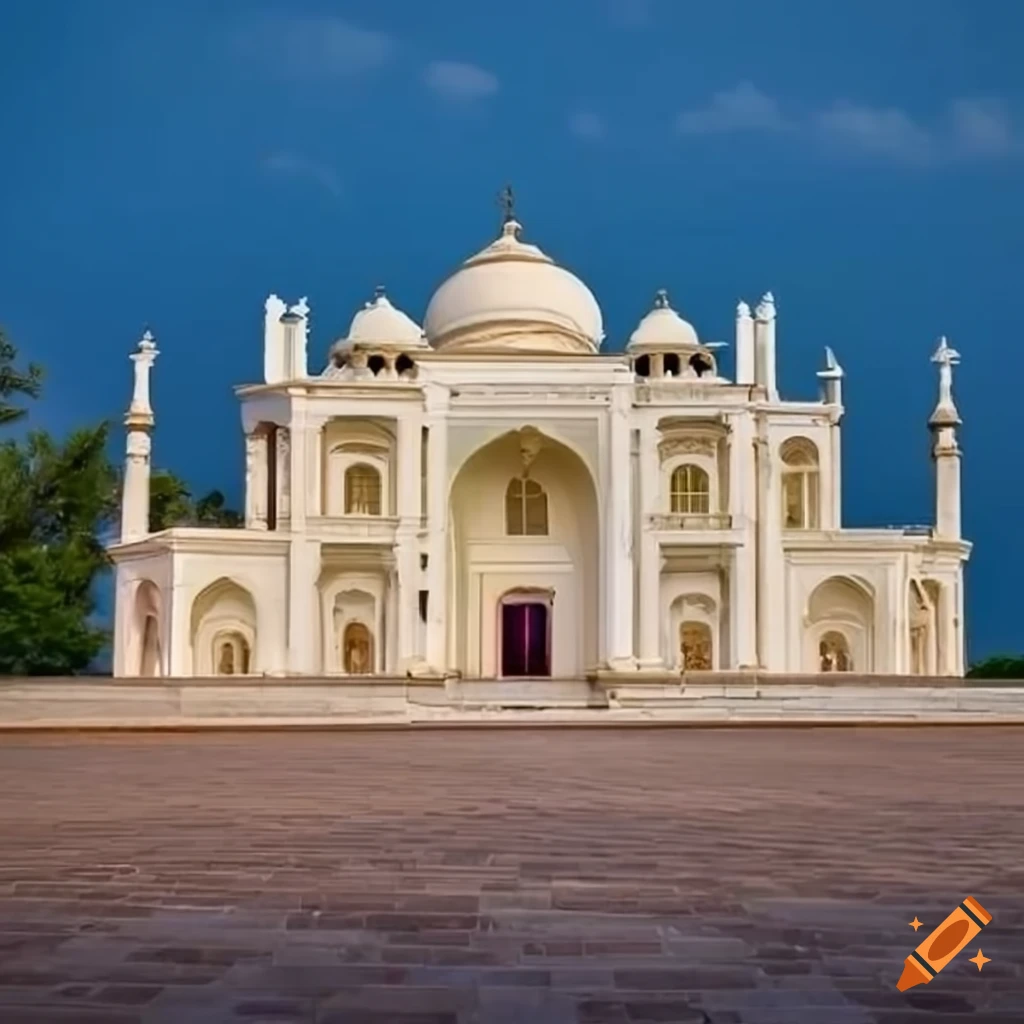 Frontal view of mahal white house in mediterranean architectural style