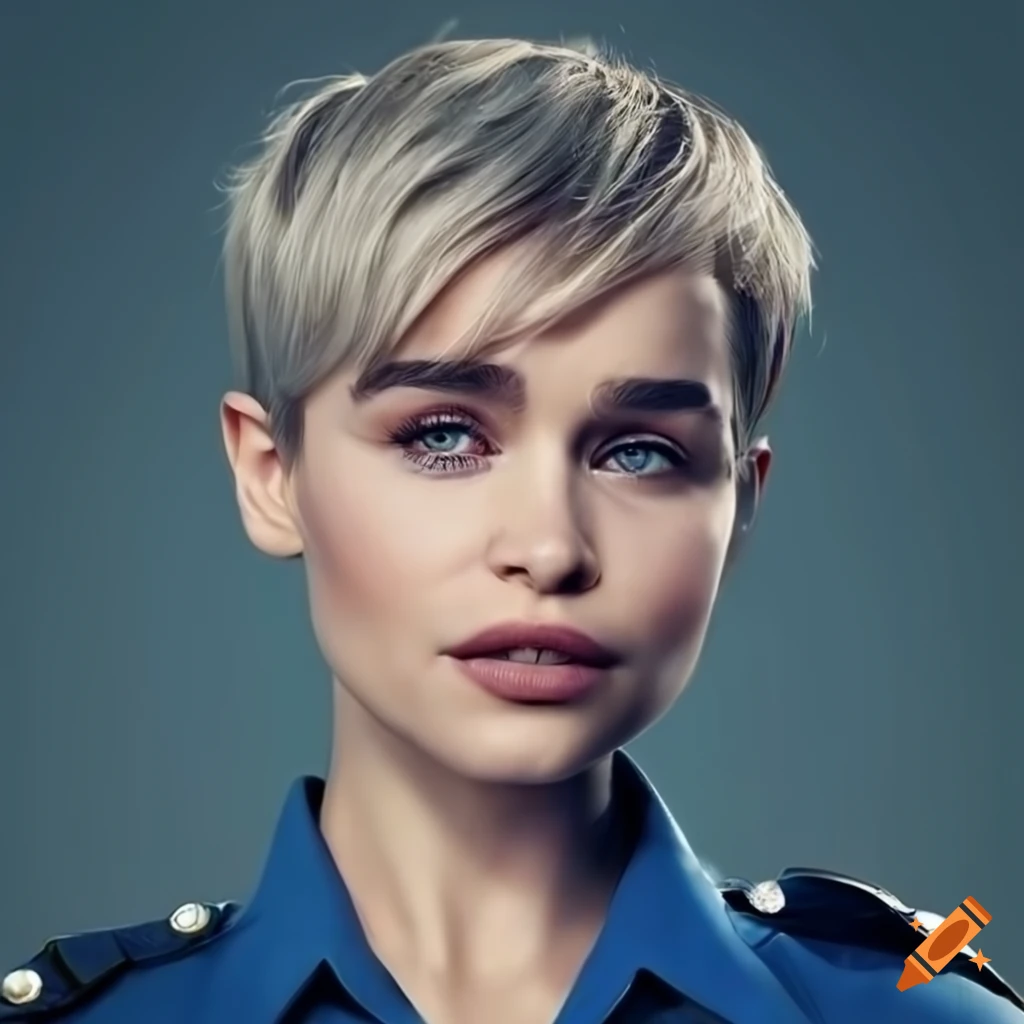 Portrait of a beautiful woman in a blue police uniform on Craiyon