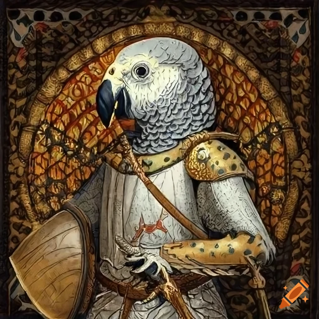 Illustration of a anthropomorphic african grey parrot in cleric attire ...