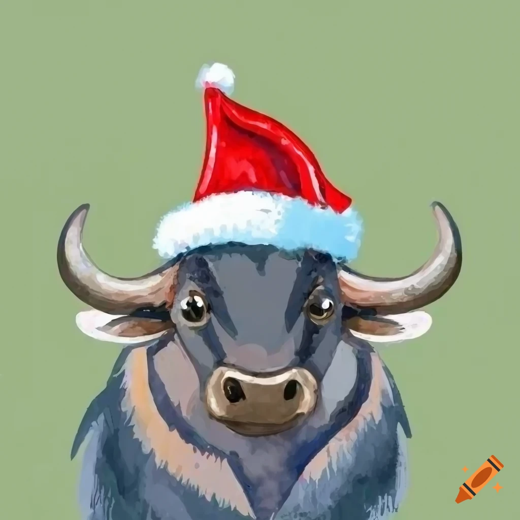 Cartoon illustration of a bull with santa hat on Craiyon