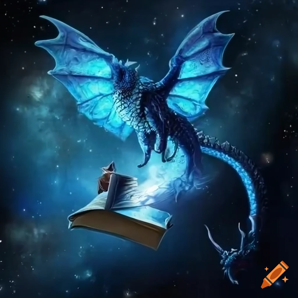 Blue winged dragon guarding a spell book with magick pouring out on Craiyon