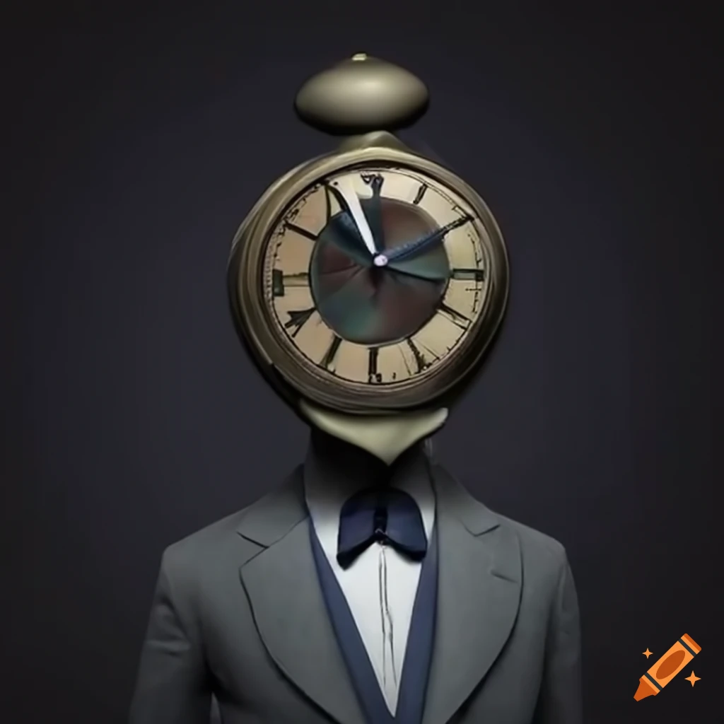 Surreal artwork of a figure with a clock head on Craiyon
