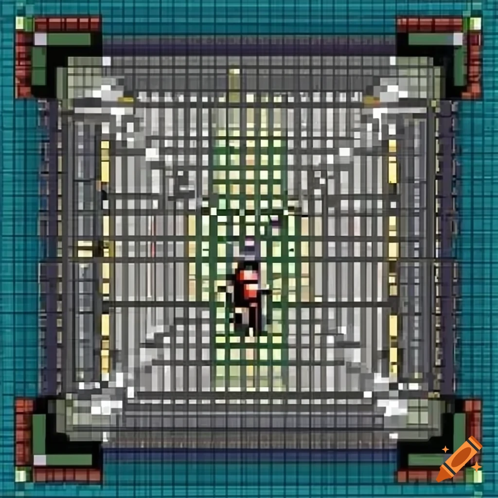 Overhead view of a pixel art alien in a square cage on Craiyon