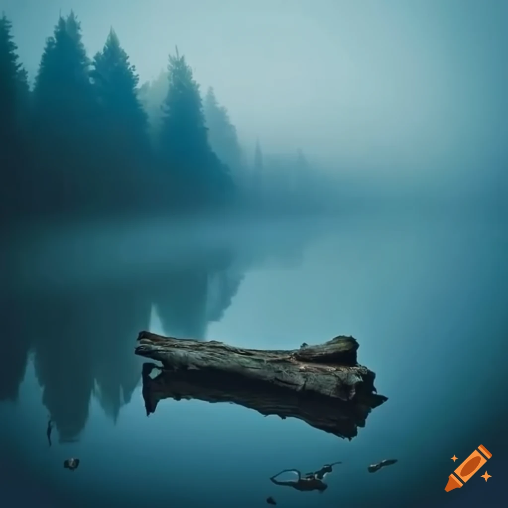 Empty long wooden boat dock surrounded by water and fog on Craiyon