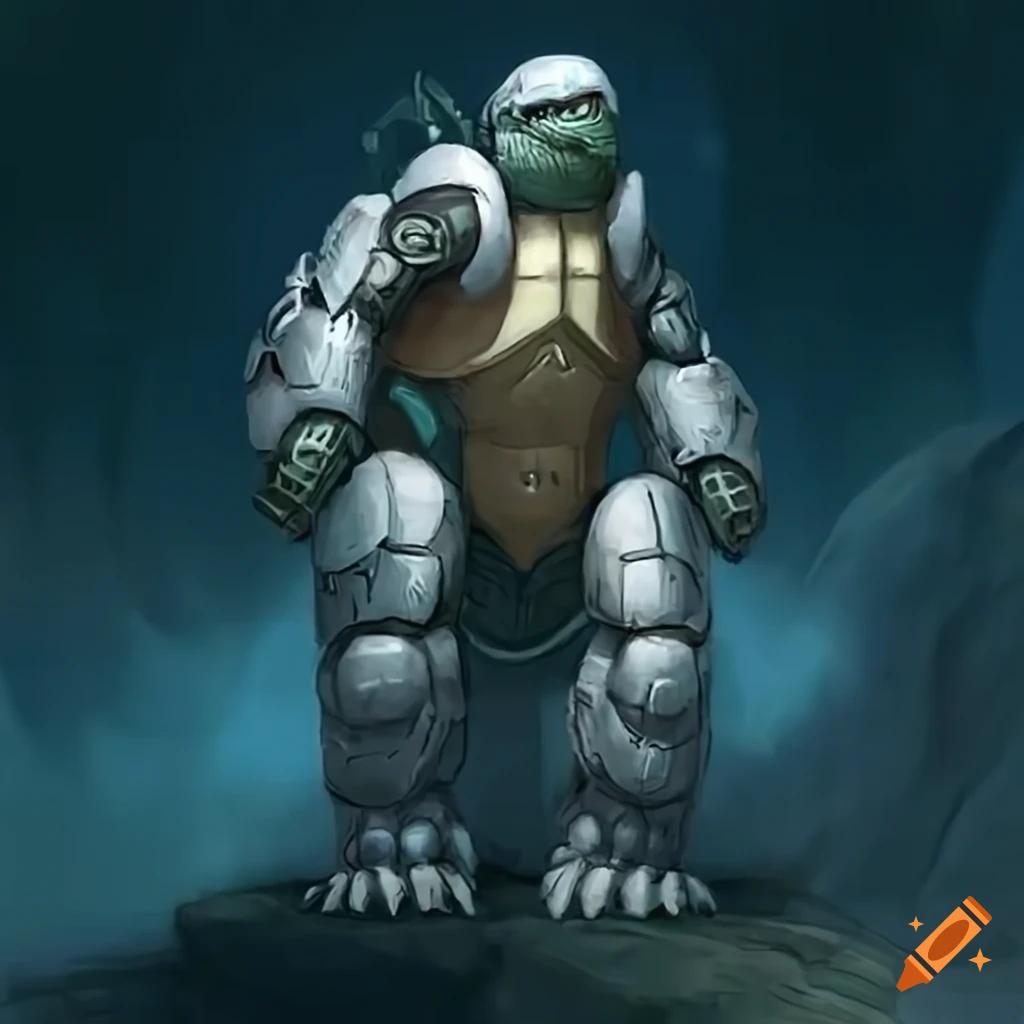 Illustration of a turtle cyborg in futuristic armor on Craiyon