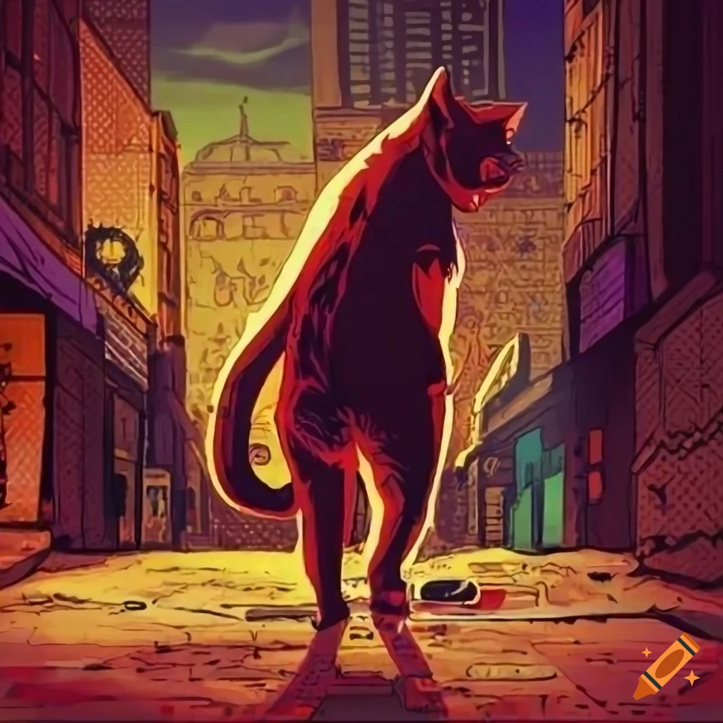 Retro fantasy comic book style of a cat walking in the street