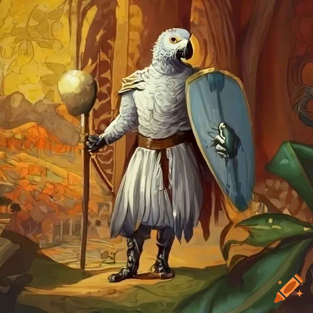 Illustration of an anthropomorphic parrot in cleric attire on Craiyon