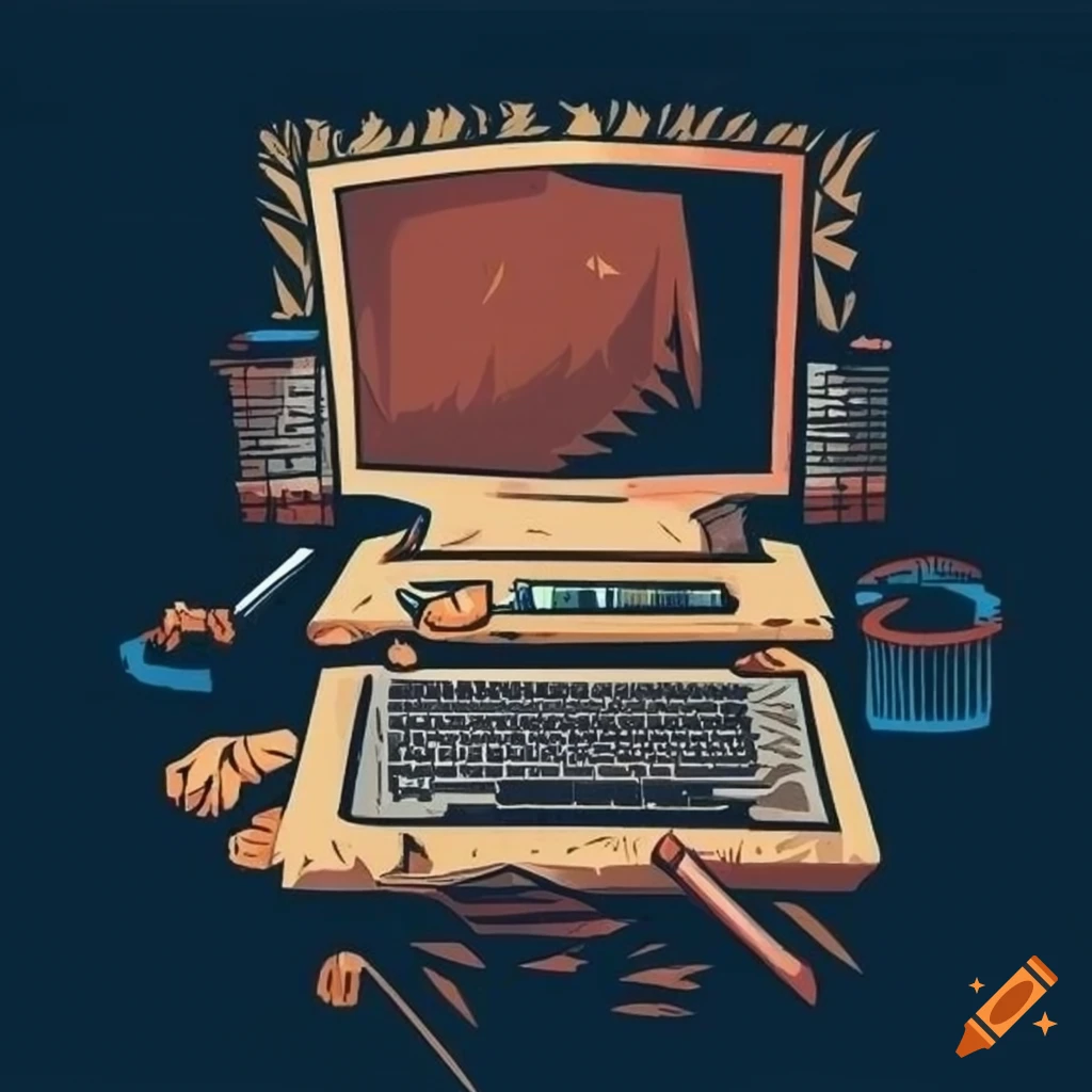Woodcut drawing of a messy computer programmer tool-bench on Craiyon