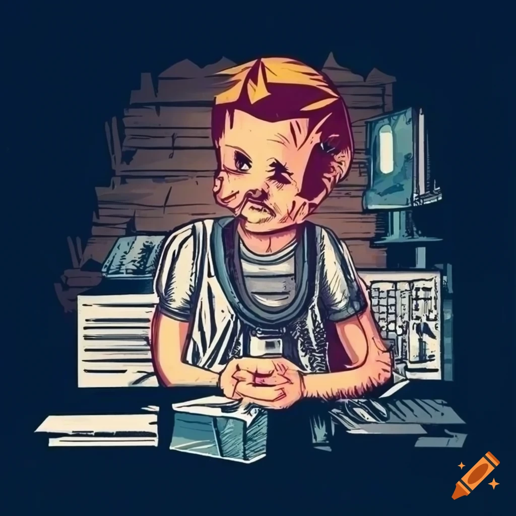 Woodcut drawing of a messy computer programmer tool-bench on Craiyon