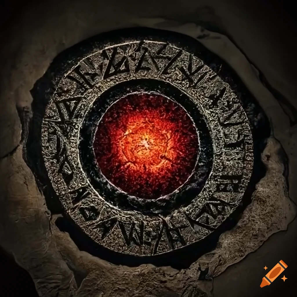 Photo of a mysterious stone slab with a red star in a cave on Craiyon