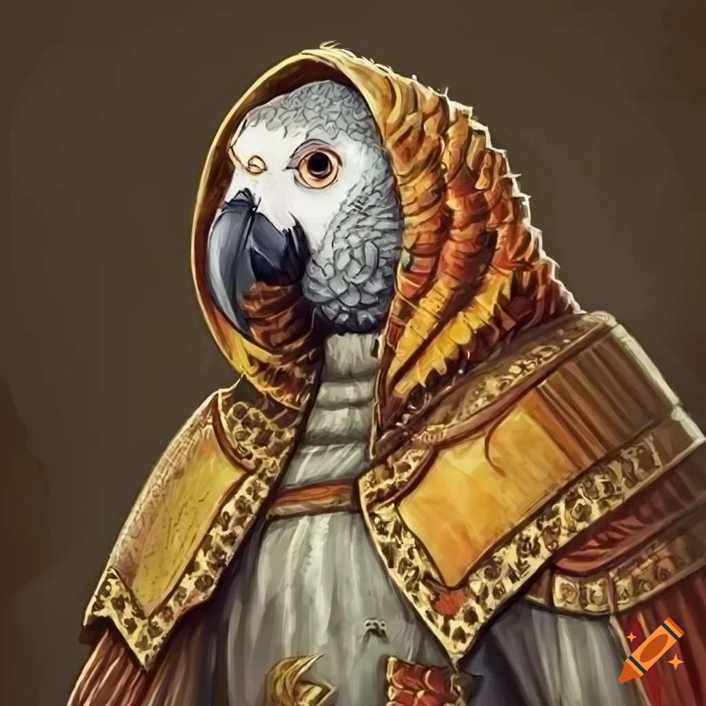 Illustration of an anthropomorphic african grey parrot in cleric cloak ...