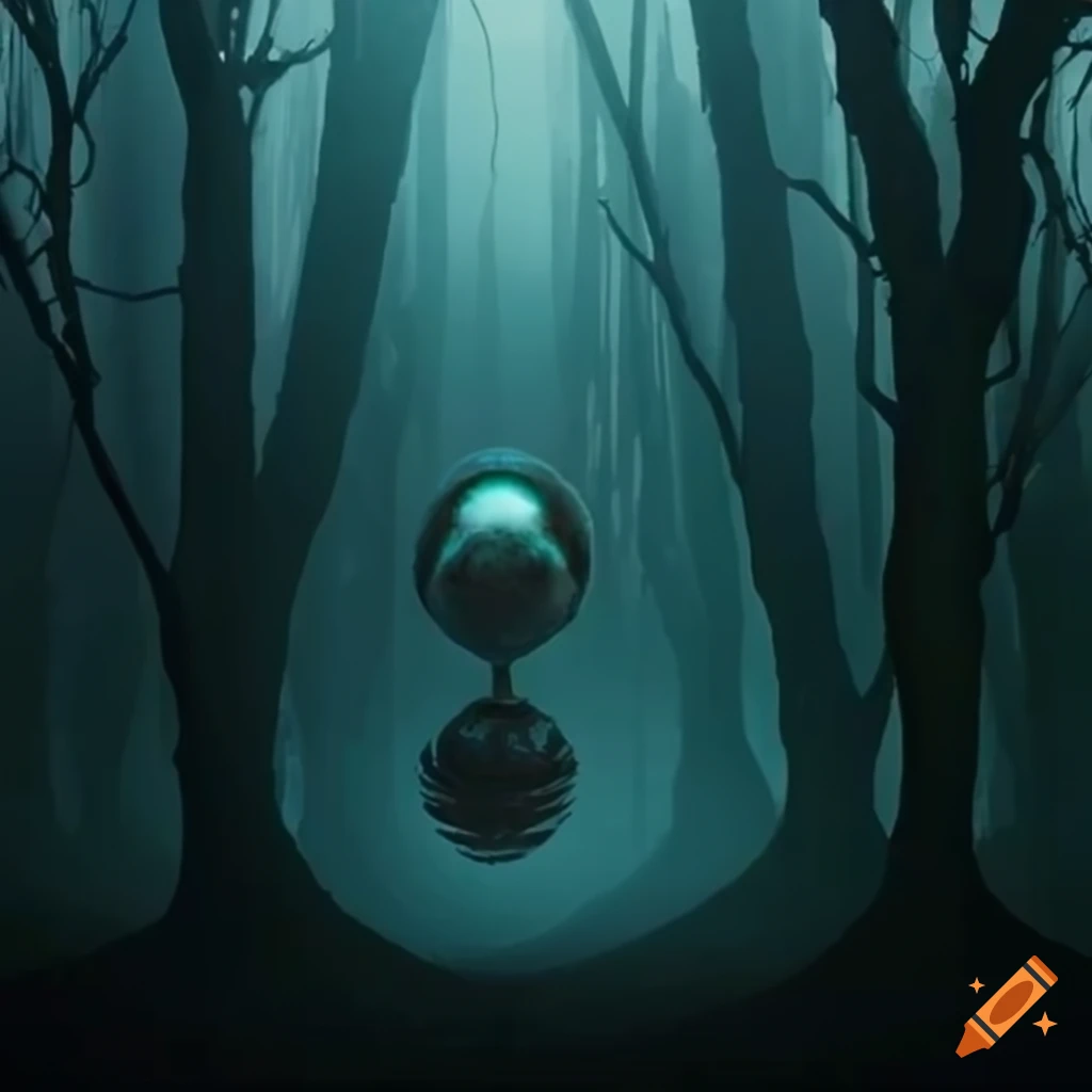 Image of an alien spaceship above a dark forest on Craiyon