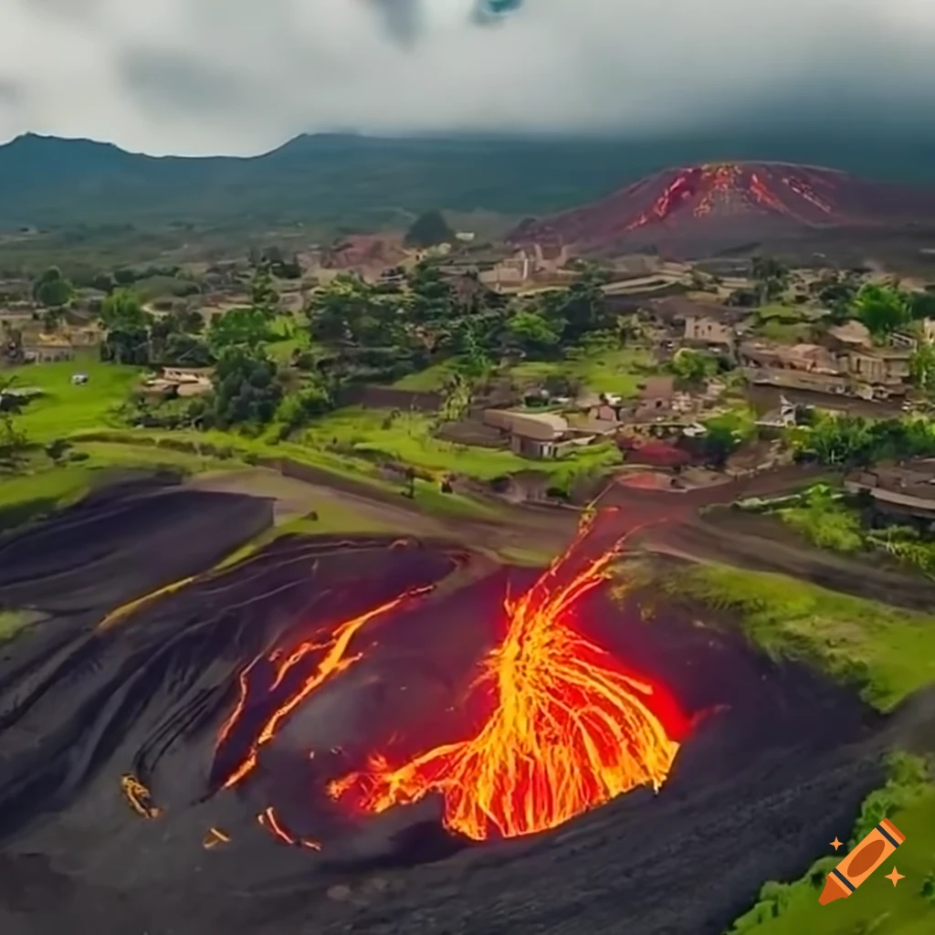 Aerial view of a volcano eruption on a village on Craiyon