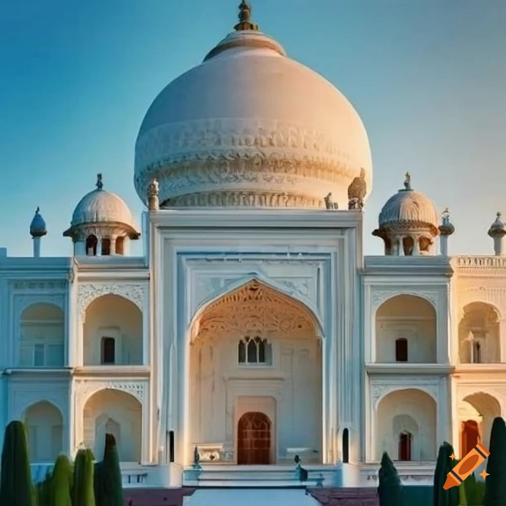 Frontal view of Mahal White House in Mediterranean architectural style on Craiyon