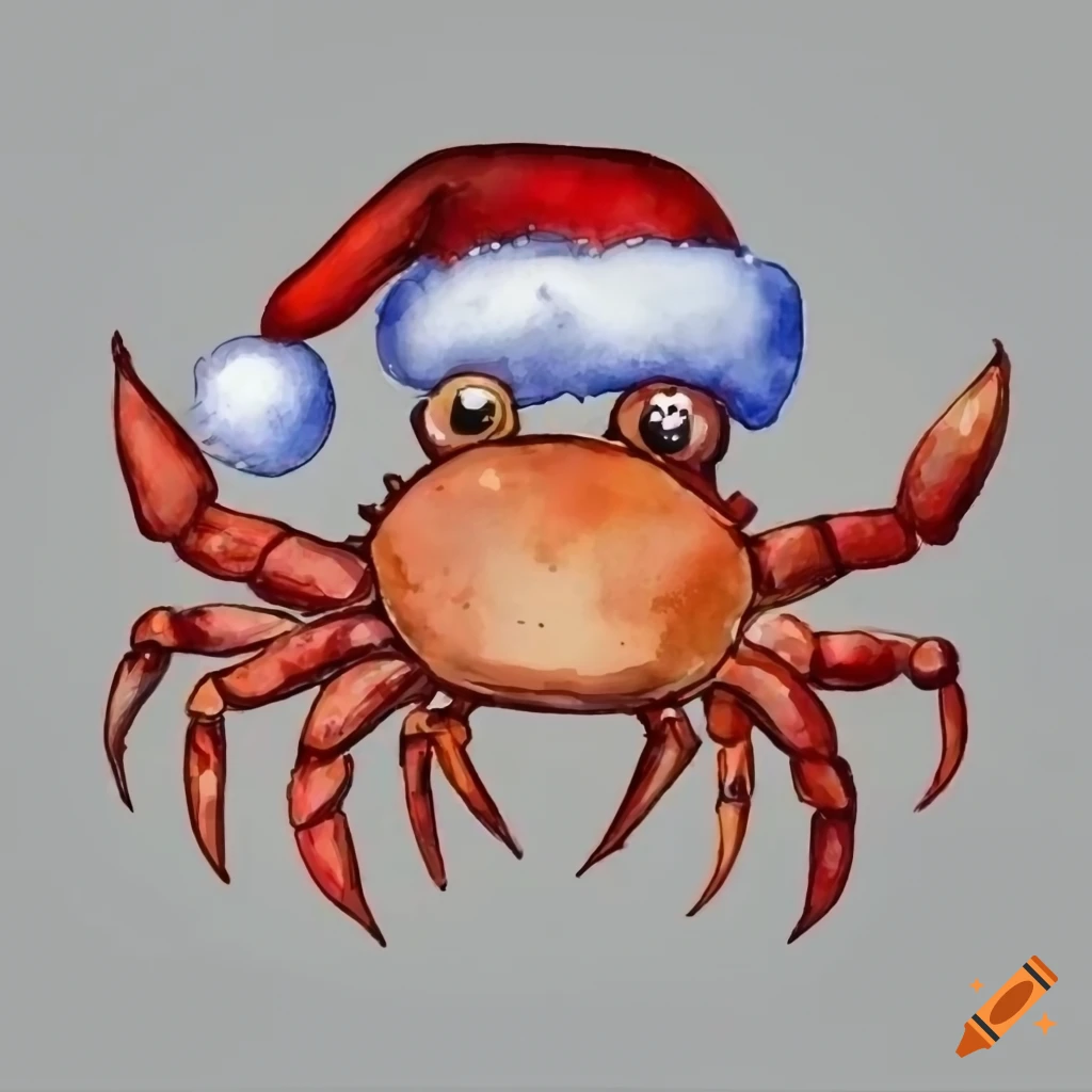 Cartoon watercolor of a festive crab wearing a santa hat