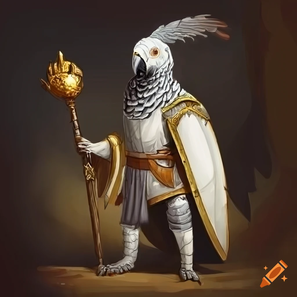 Illustration of an anthropomorphic african grey parrot in cleric attire ...