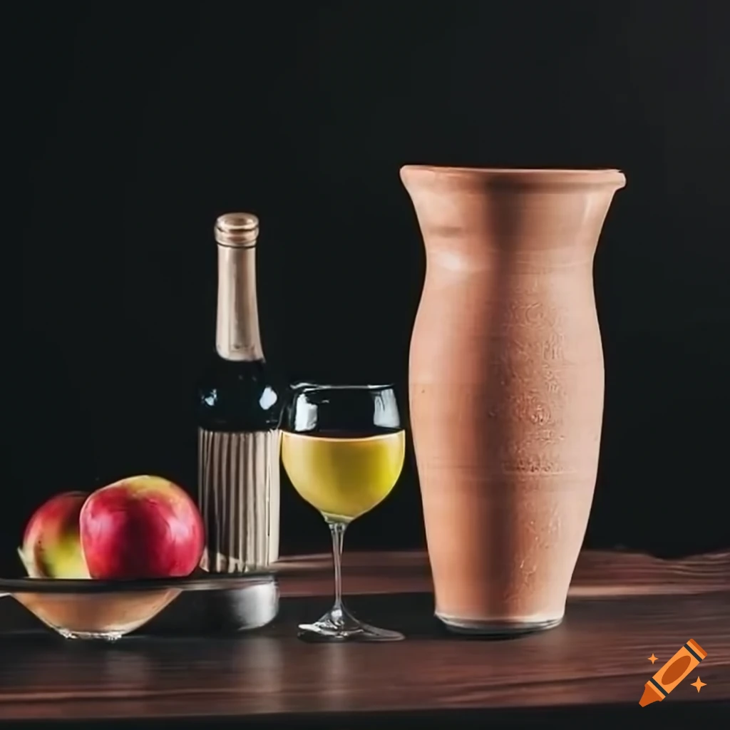 Clay pot with wine bottles and apple on porcelain bowl