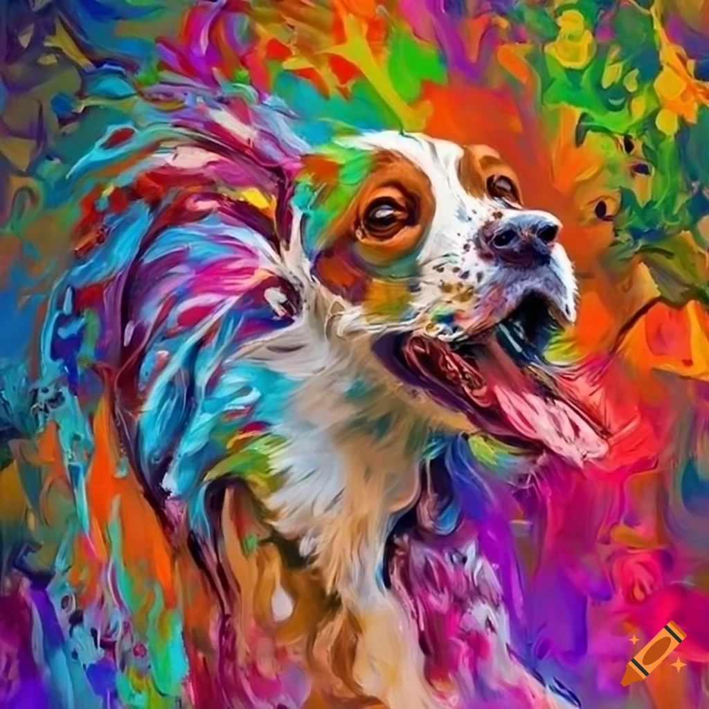 Vibrant abstract painting of a dog chasing a squirrel