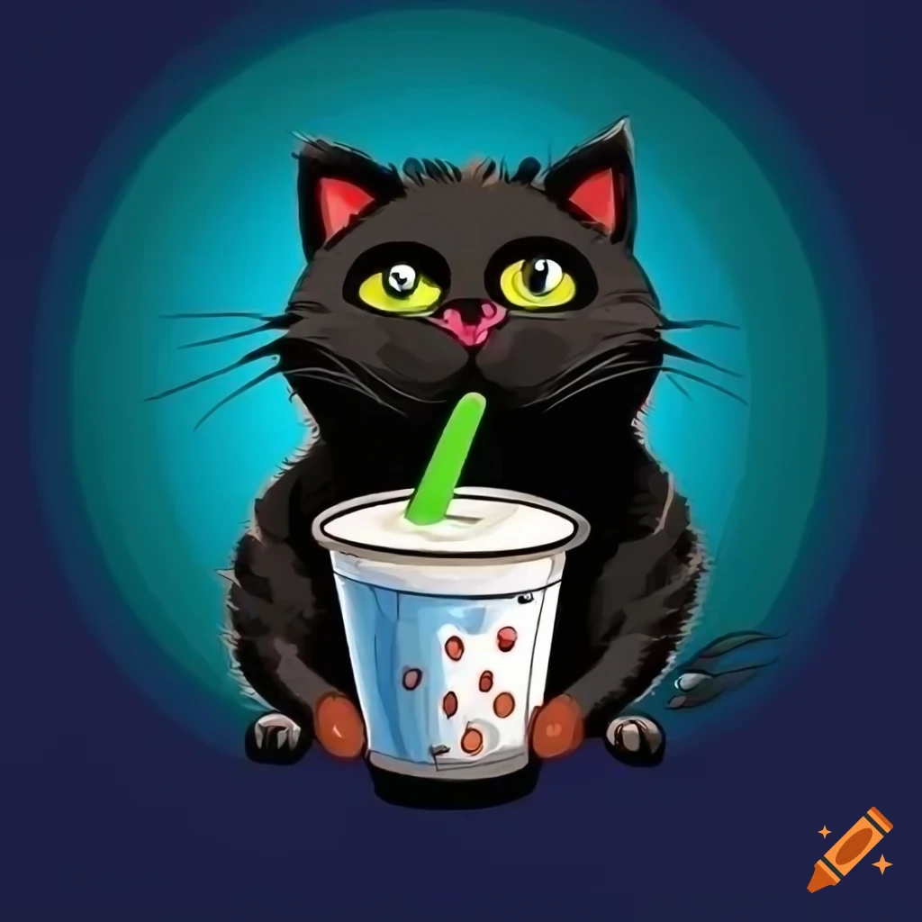 Cartoon art of a black cat drinking soda on Craiyon